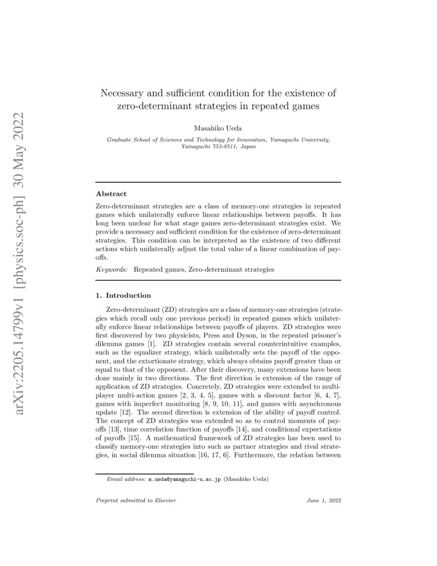 Necessary And Sufficient Condition For The Existence Of Zero