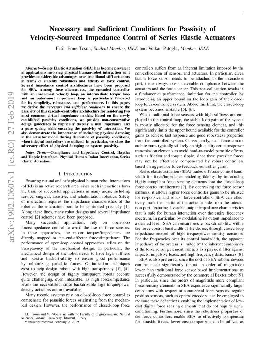 Necessary And Sufficient Conditions For Passivity Of Velocity Sourced Impedance Control Of