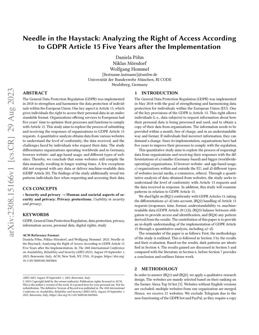Needle in the Haystack: Analyzing the Right of Access According to GDPR ...