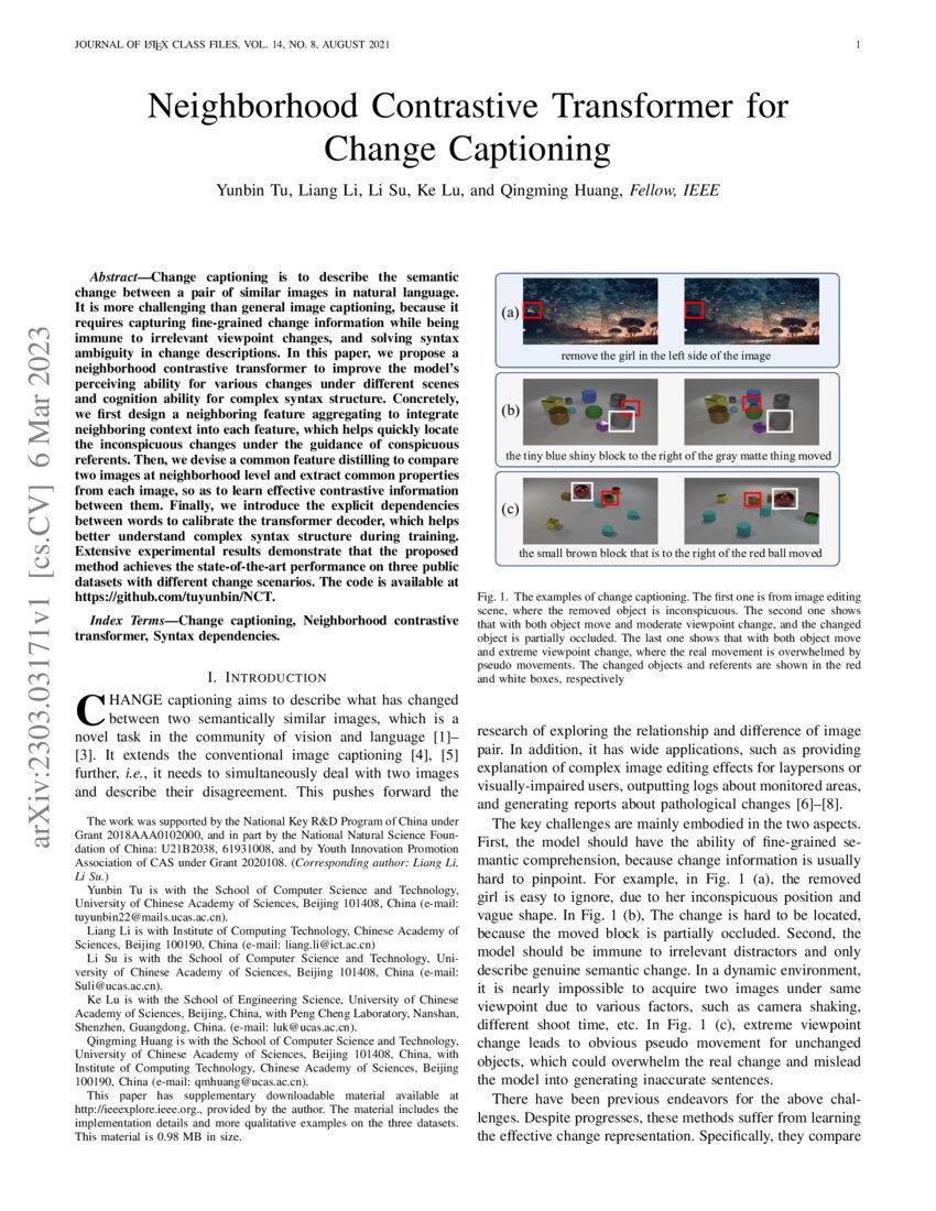 Neighborhood Contrastive Transformer for Change Captioning | DeepAI
