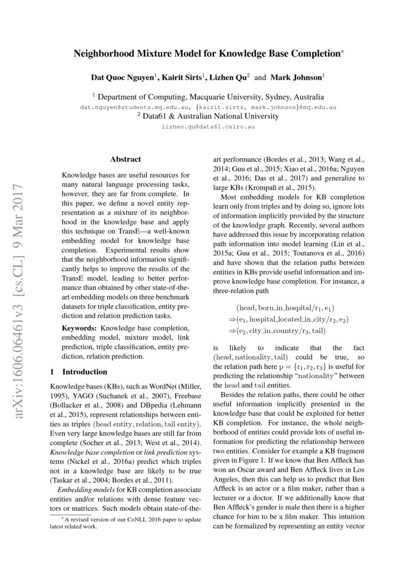 Neighborhood Mixture Model for Knowledge Base Completion | DeepAI