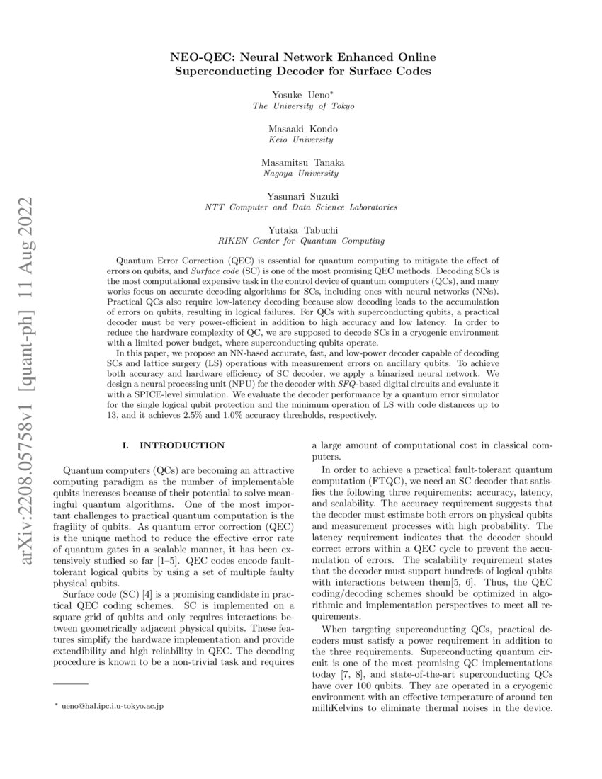 NEO-QEC: Neural Network Enhanced Online Superconducting Decoder for Surface Codes | DeepAI
