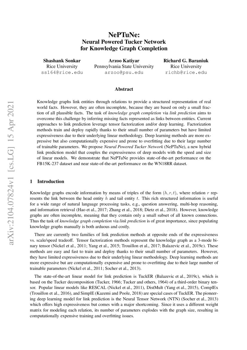 NePTuNe: Neural Powered Tucker Network for Knowledge Graph Completion | DeepAI