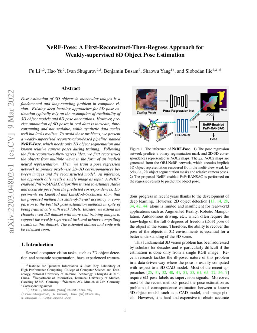 Nerf Pose A First Reconstruct Then Regress Approach For Weakly Supervised 6d Object Pose