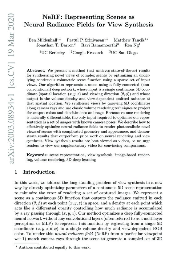 NeRF: Representing Scenes as Neural Radiance Fields for View Synthesis ...