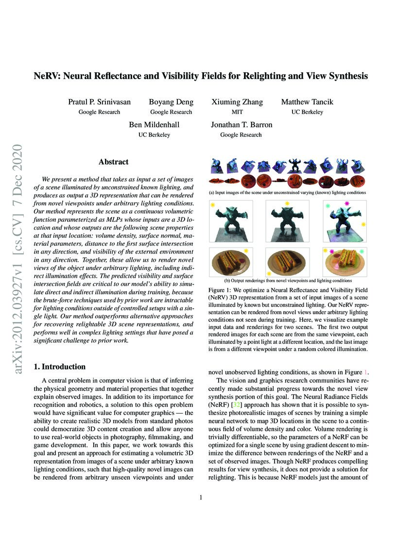 NeRV: Neural Reflectance and Visibility Fields for Relighting and View Synthesis | DeepAI