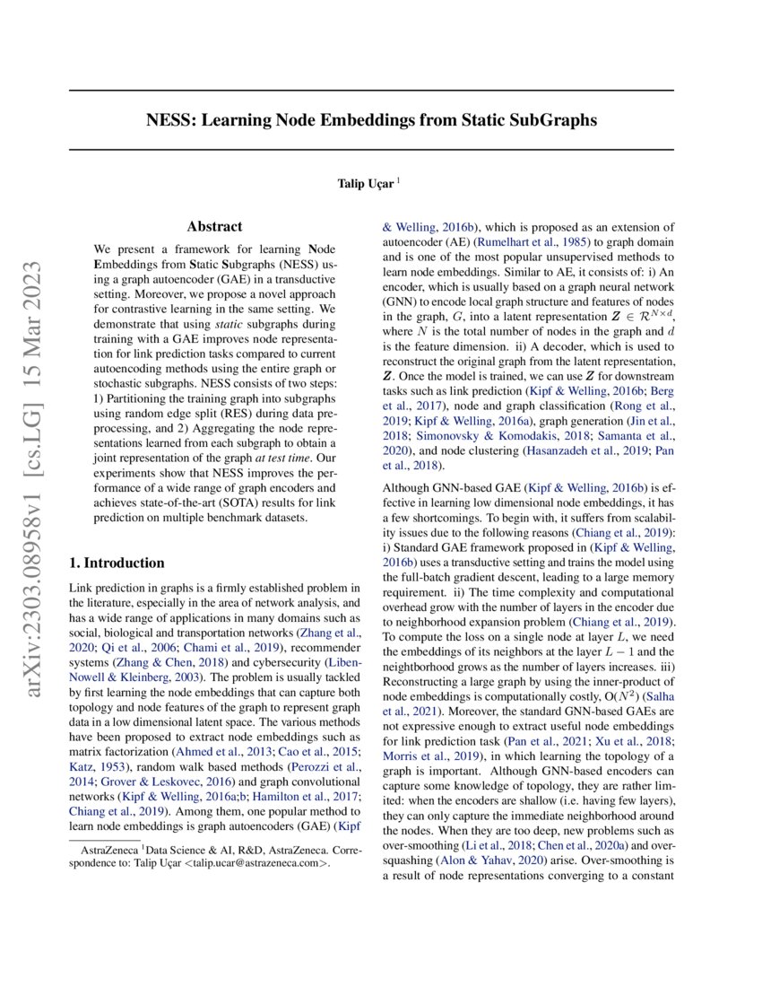 Ness Learning Node Embeddings From Static Subgraphs Deepai