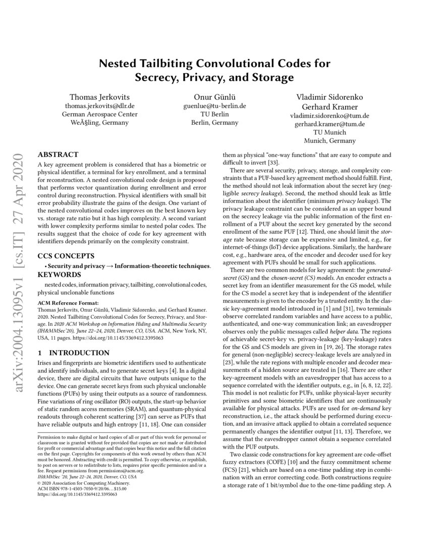Nested Tailbiting Convolutional Codes For Secrecy Privacy And Storage Deepai