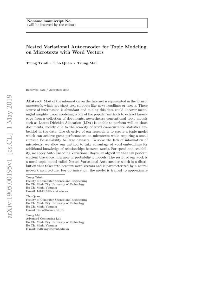 Nested Variational Autoencoder For Topic Modeling On Microtexts With Word Vectors Deepai