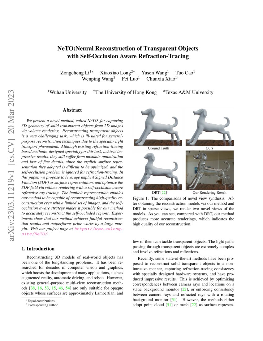 NeTO:Neural Reconstruction of Transparent Objects with Self-Occlusion Aware Refraction-Tracing ...