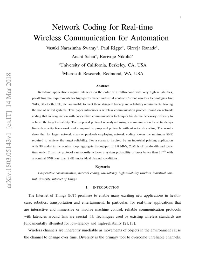 Network Coding for Real-time Wireless Communication for Automation | DeepAI