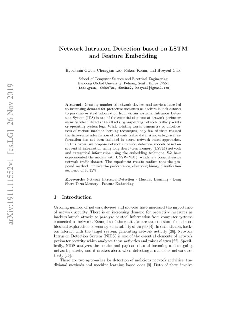 Network Intrusion Detection Based On Lstm And Feature Embedding Deepai 