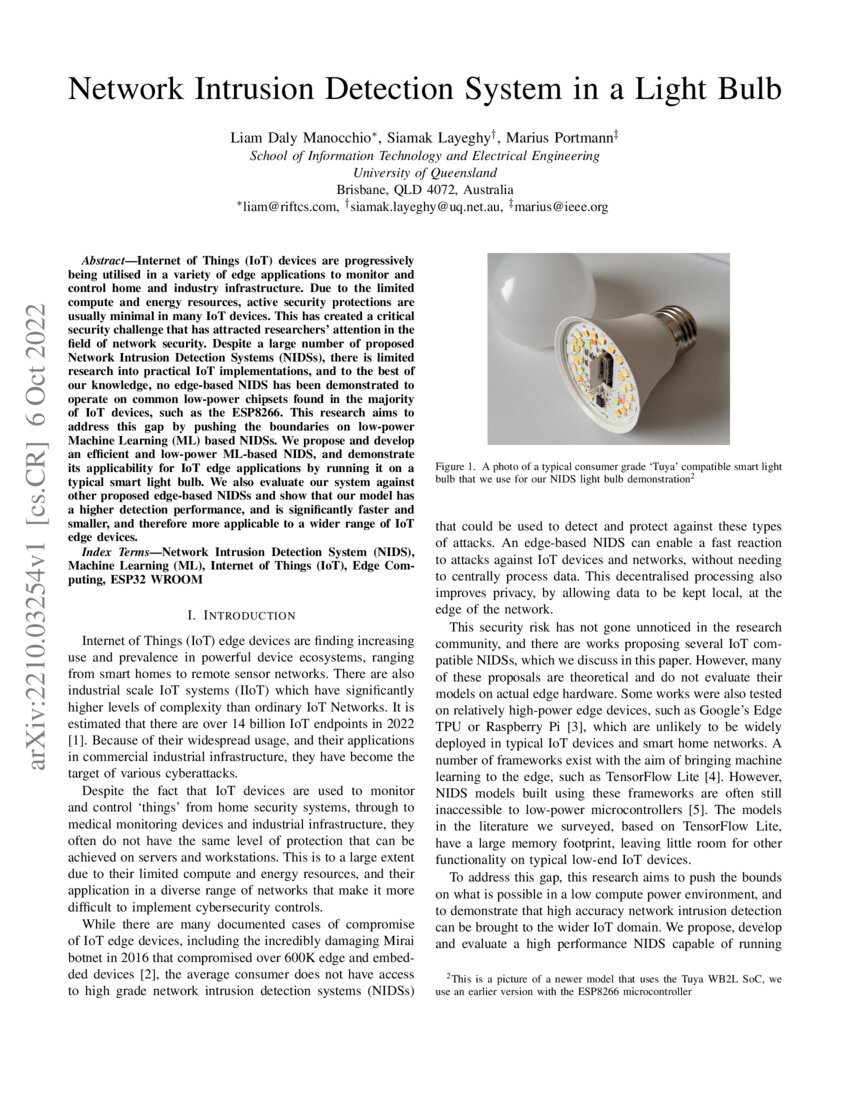 Network Intrusion Detection System in a Light Bulb | DeepAI