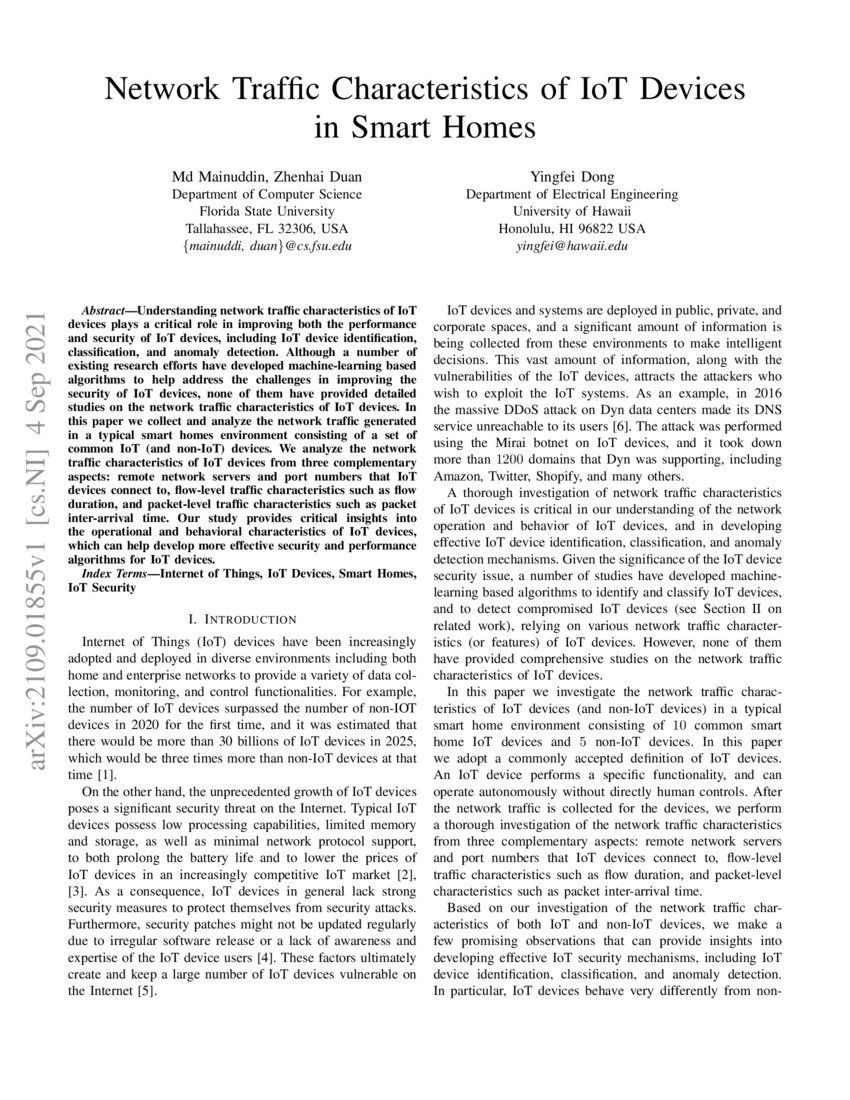 Network Traffic Characteristics Of Iot Devices In Smart Homes Deepai