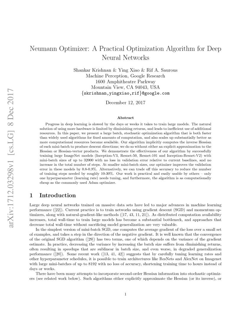 Neumann Optimizer A Practical Optimization Algorithm For Deep Neural Networks Deepai 5208