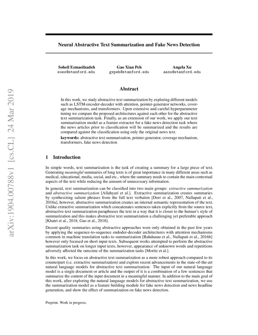 Neural Abstractive Text Summarization And Fake News Detection Deepai