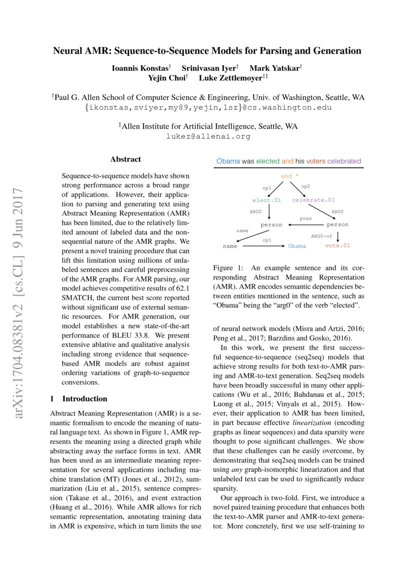 Neural AMR: Sequence-to-Sequence Models for Parsing and Generation | DeepAI