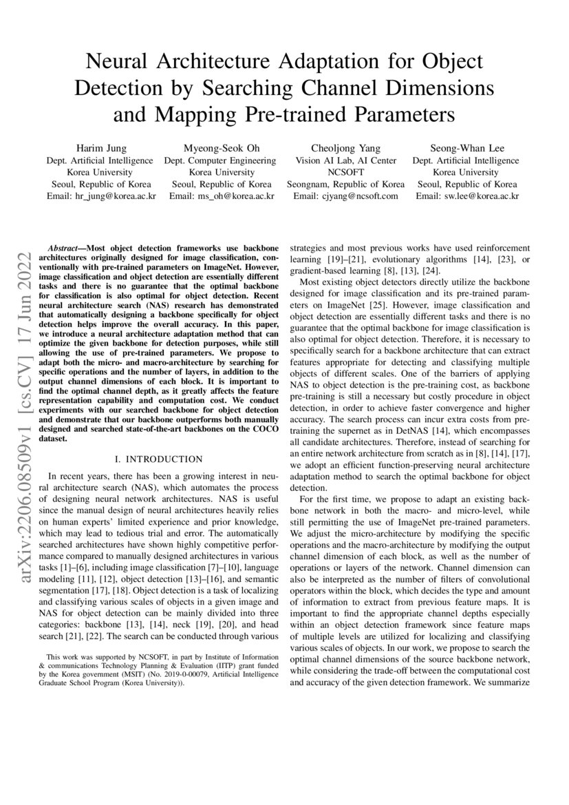 Neural Architecture Adaptation for Object Detection by Searching Channel Dimensions and Mapping ...