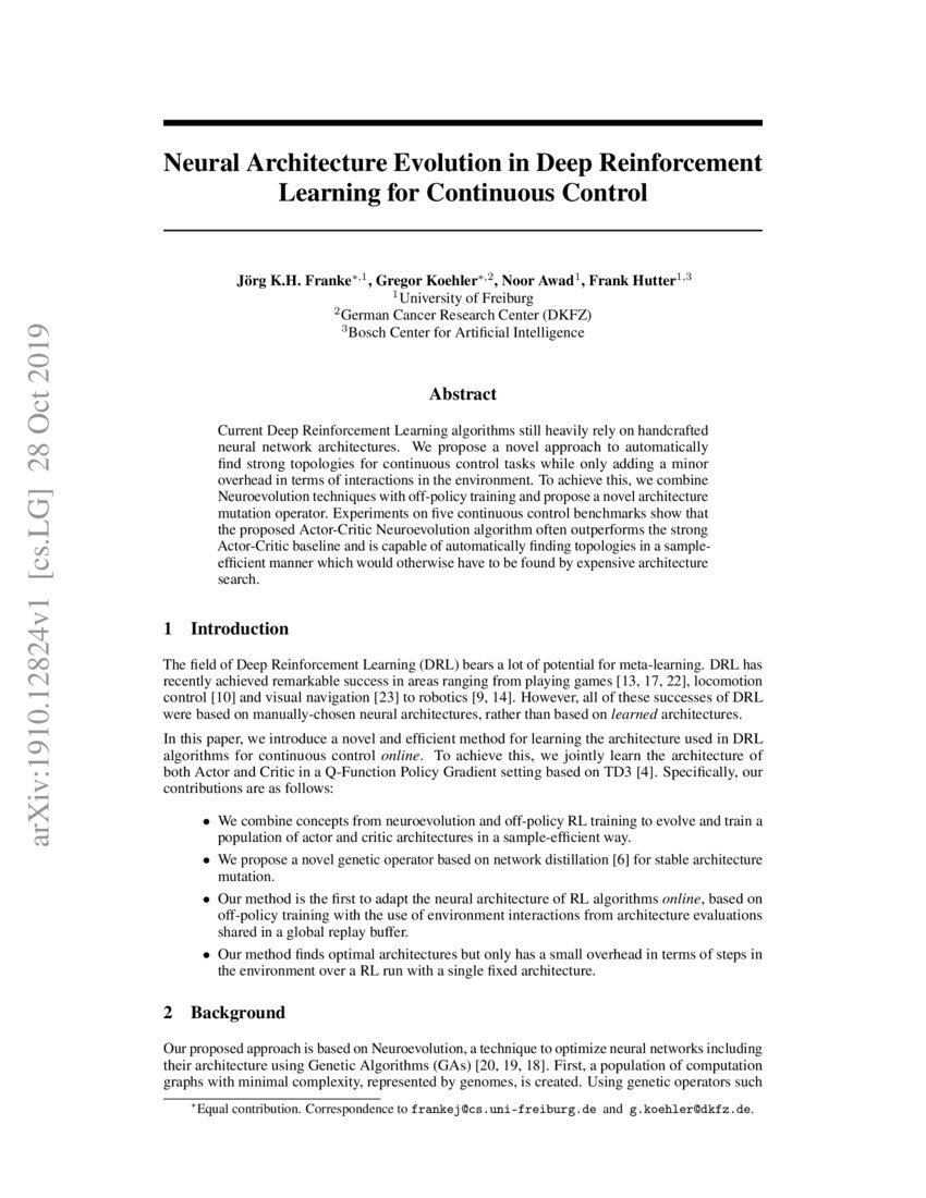Neural Architecture Evolution in Deep Reinforcement Learning for Continuous Control | DeepAI