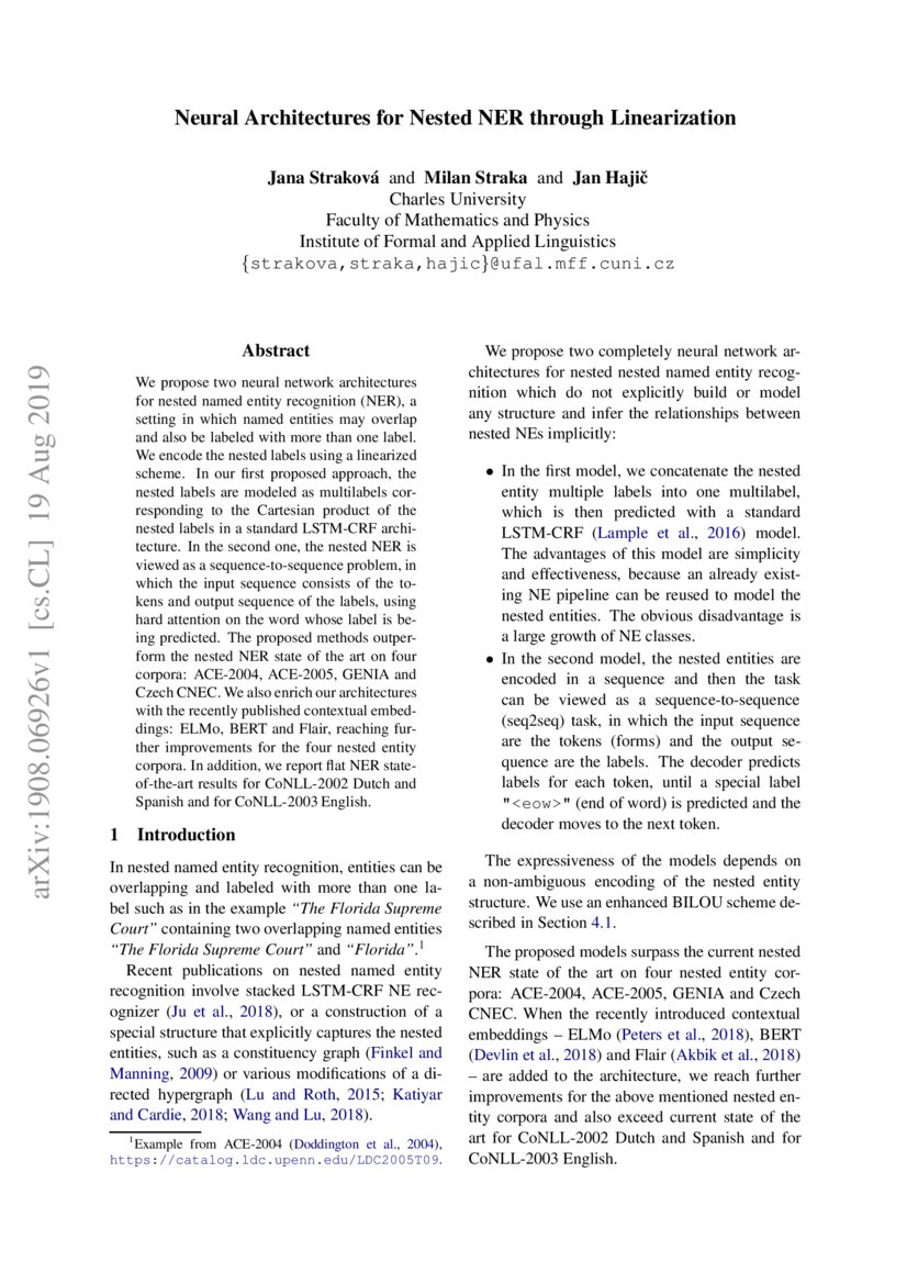 Neural Architectures For Nested Ner Through Linearization Deepai 