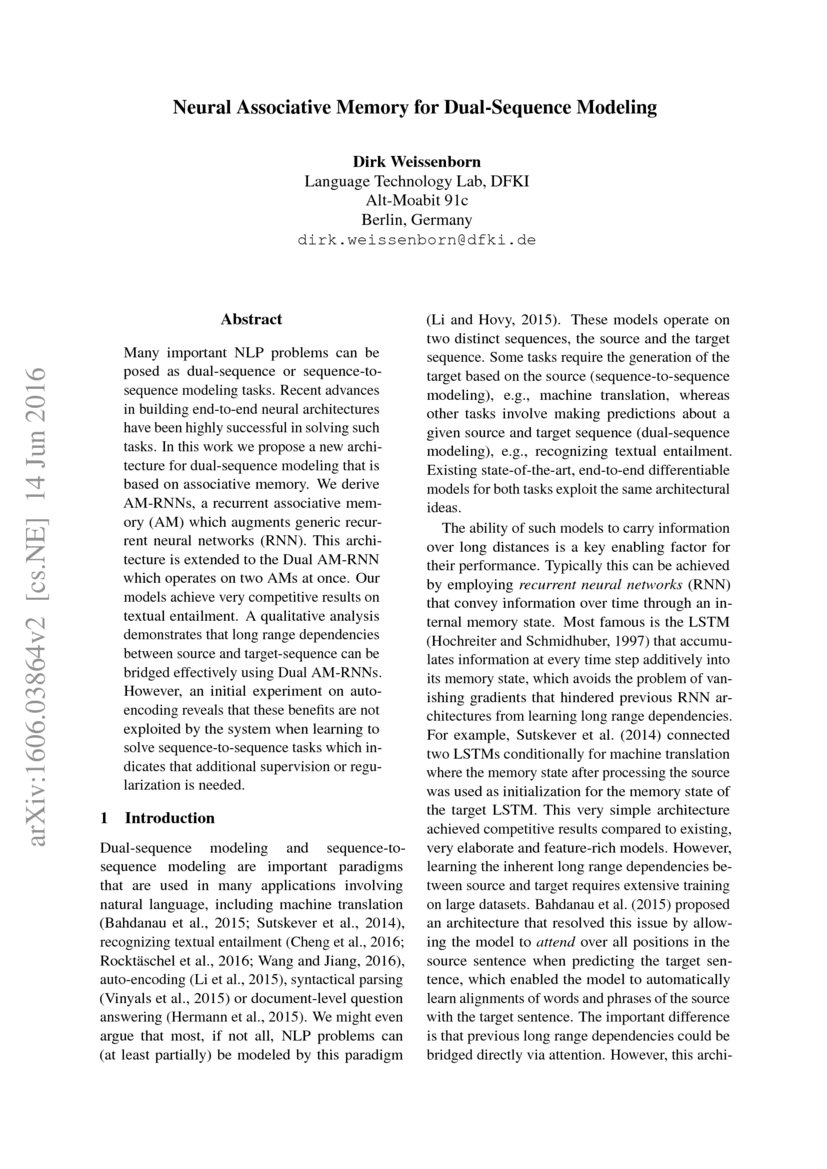 Neural Associative Memory for Dual-Sequence Modeling | DeepAI