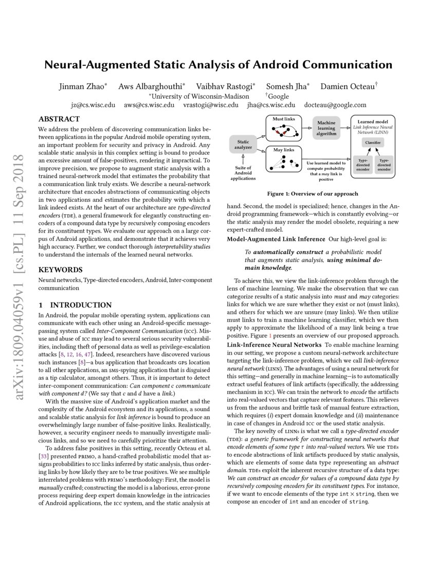 Neural Augmented Static Analysis Of Android Communication Deepai