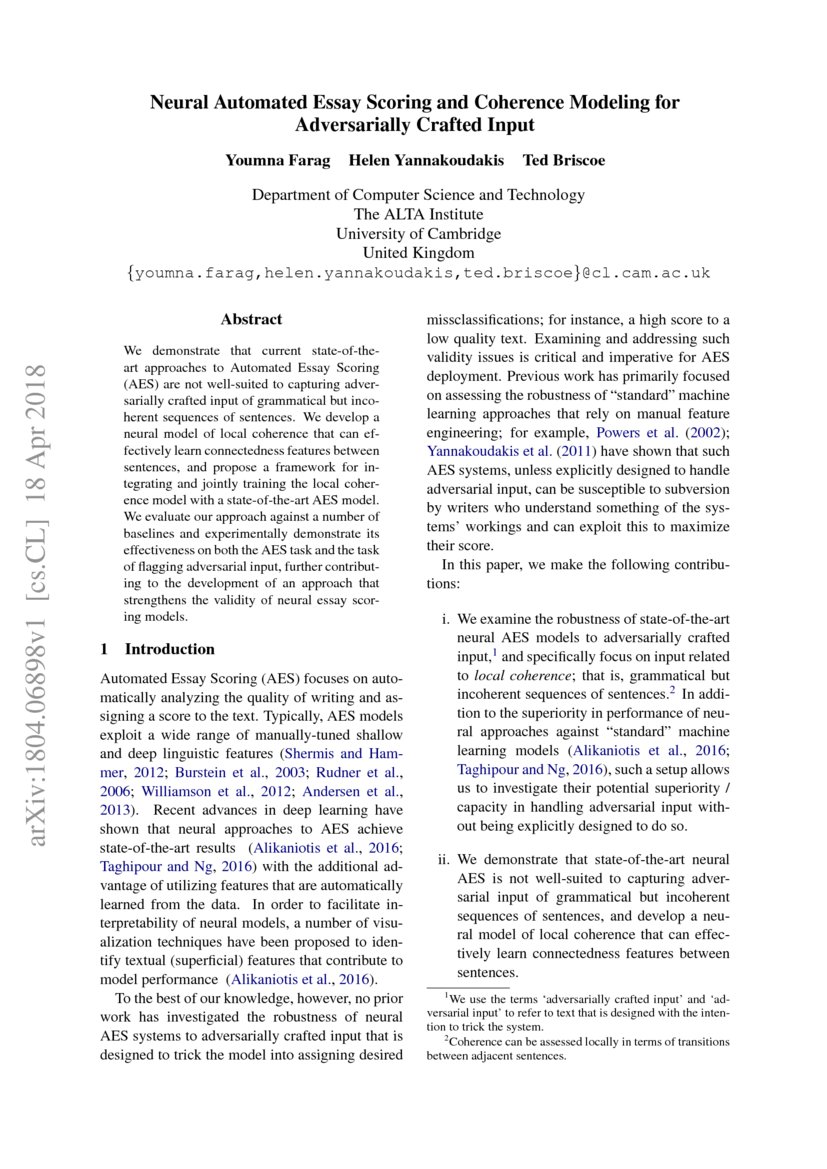 Neural Automated Essay Scoring and Coherence Modeling for Adversarially Crafted Input | DeepAI