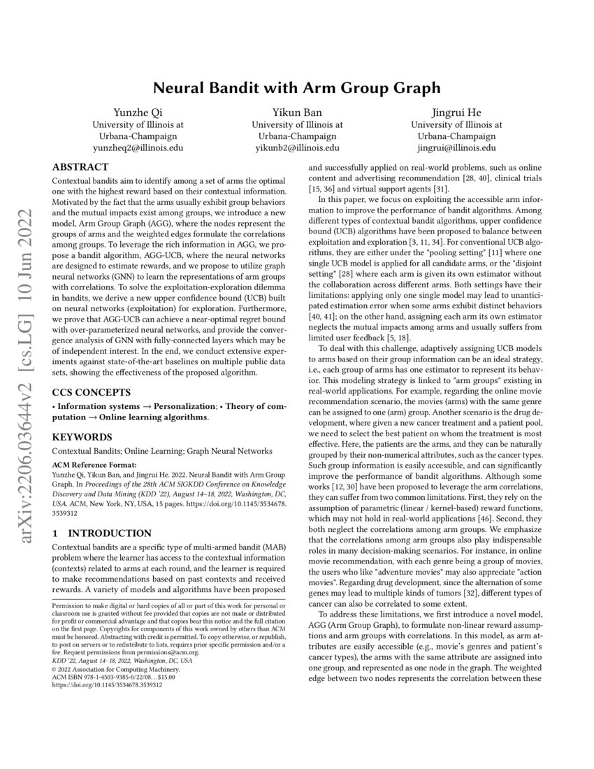 Neural Bandit with Arm Group Graph | DeepAI