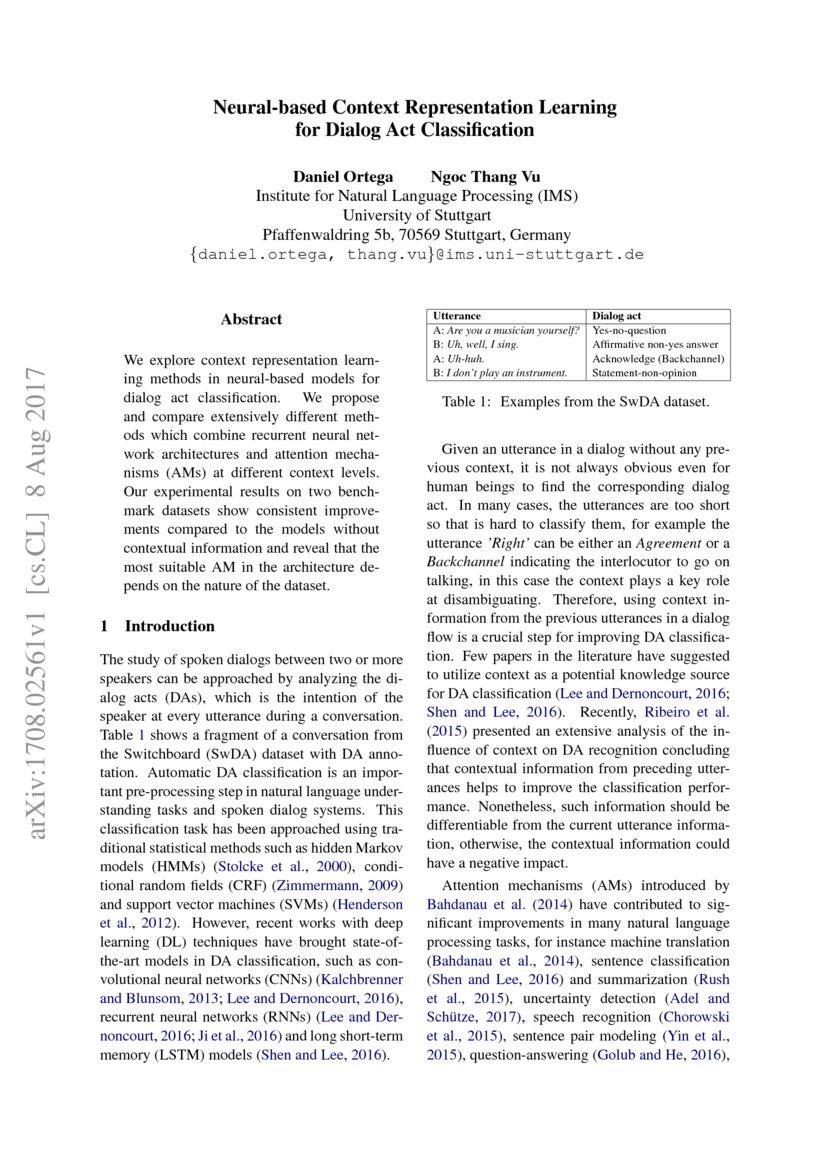 Neural Based Context Representation Learning For Dialog Act Classification Deepai