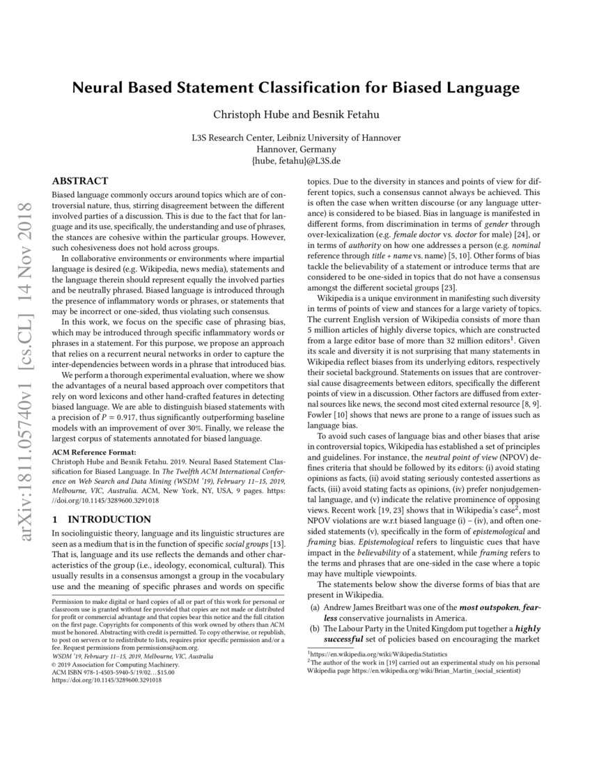 Neural Based Statement Classification for Biased Language | DeepAI