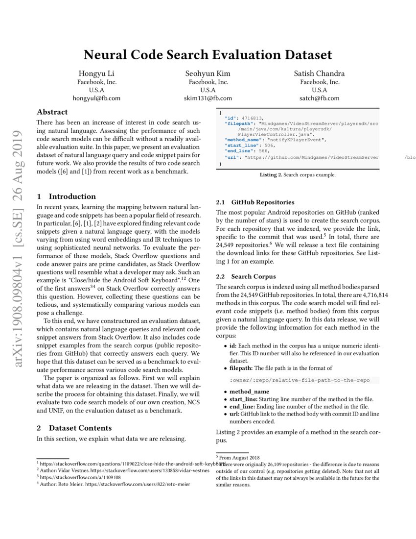 Neural Code Search Evaluation Dataset | DeepAI