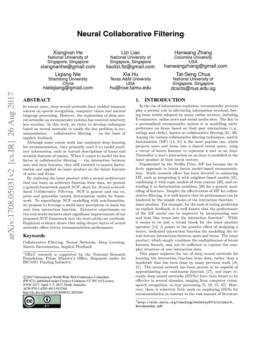 Neural Collaborative Filtering Deepai 