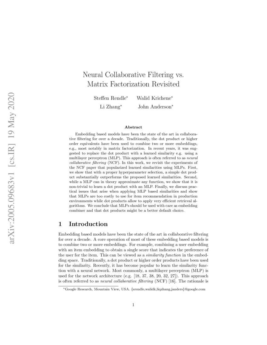Neural Collaborative Filtering Vs Matrix Factorization Revisited Deepai