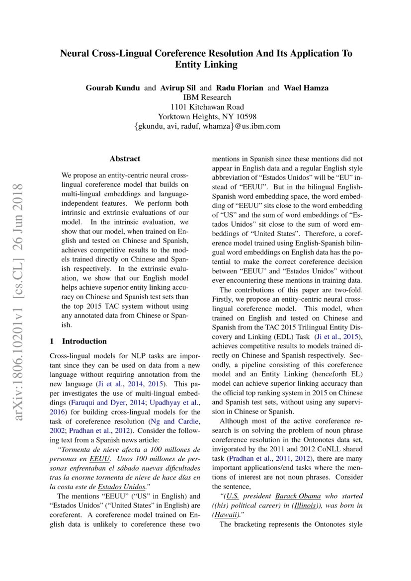 Neural Cross Lingual Coreference Resolution And Its Application To Entity Linking Deepai