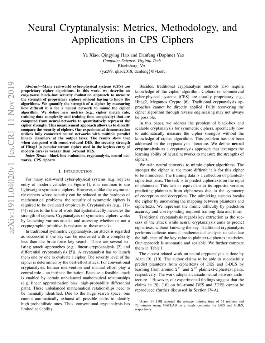 Neural Cryptanalysis Metrics Methodology And Applications In Cps Ciphers Deepai