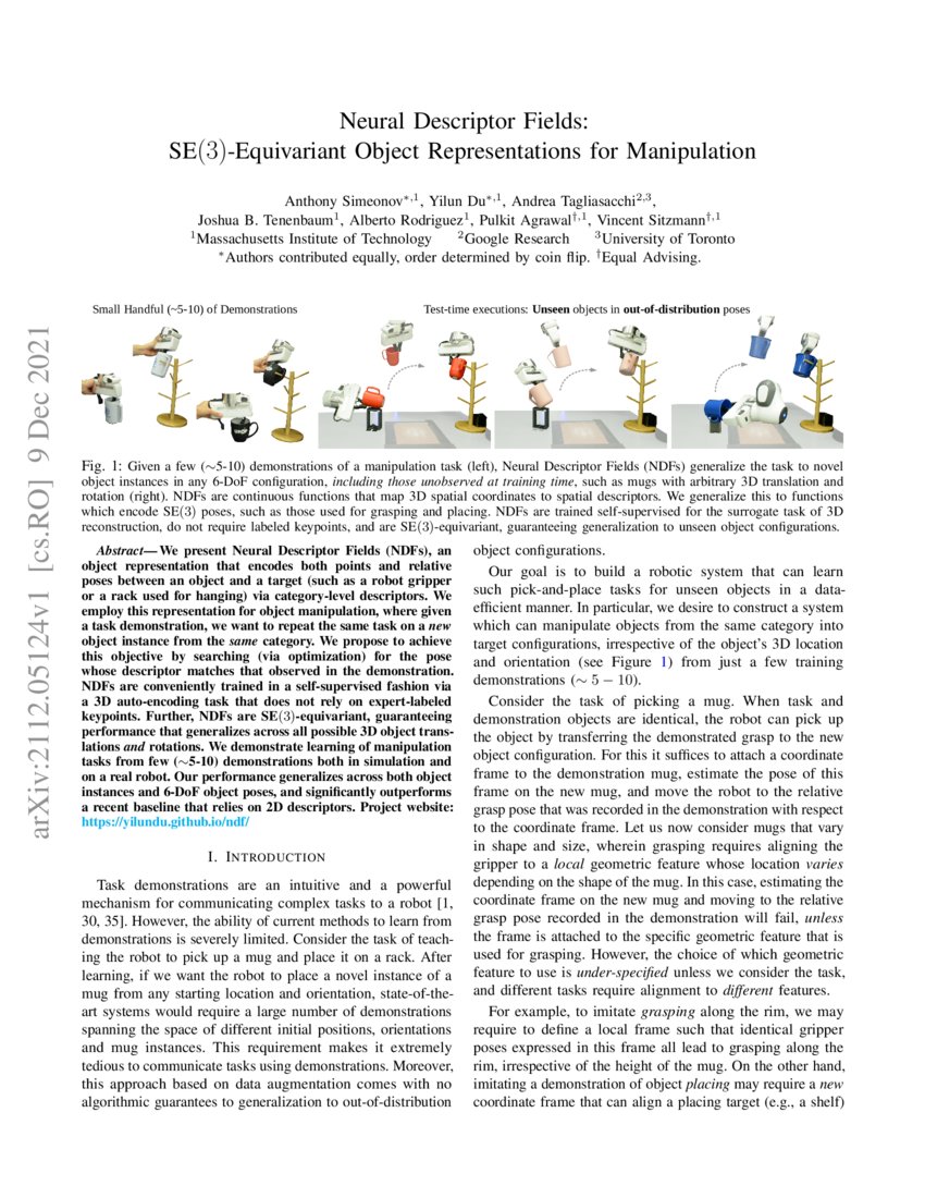 Neural Descriptor Fields: SE(3)-Equivariant Object Representations for Manipulation | DeepAI