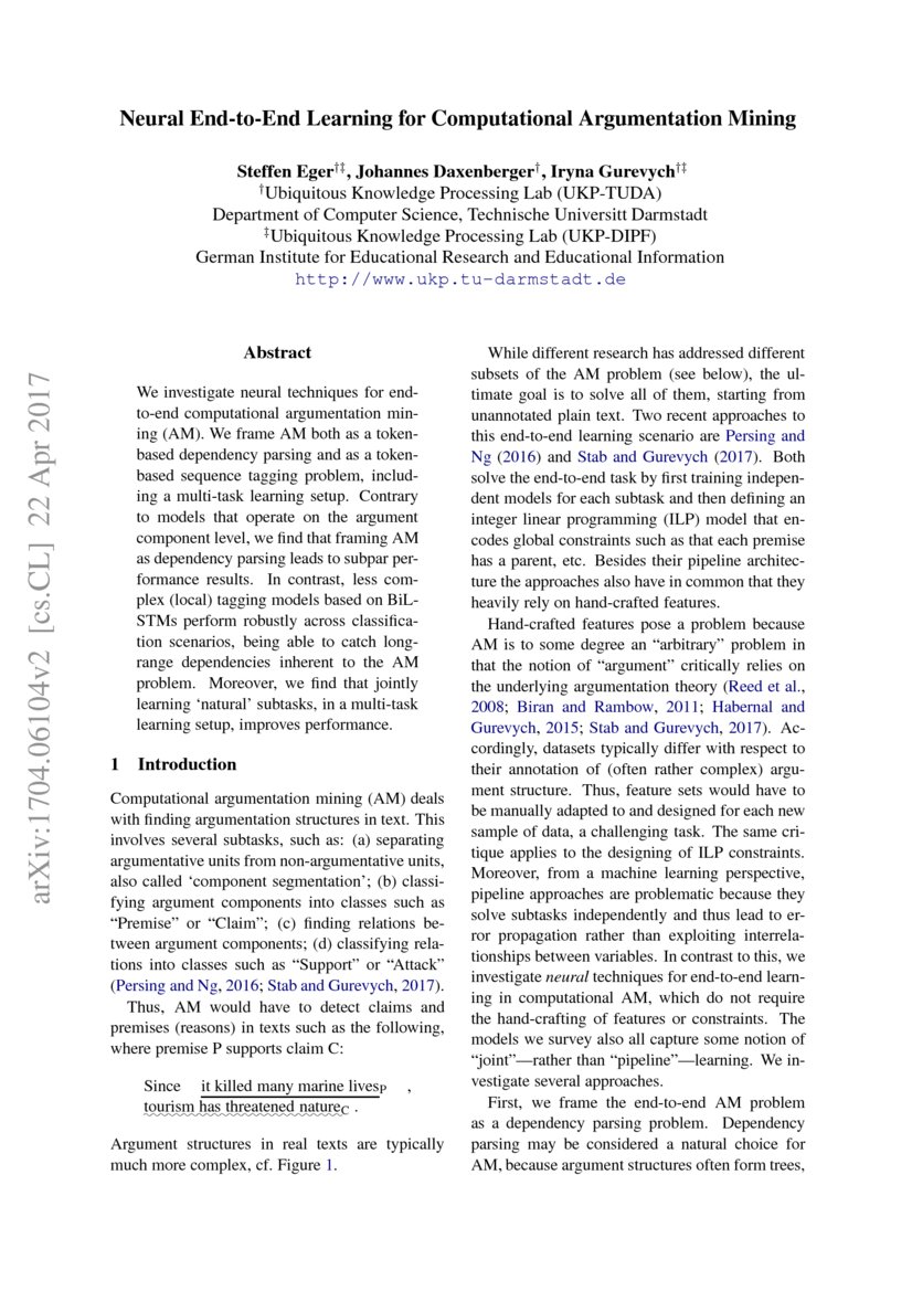 Neural End To End Learning For Computational Argumentation Mining Deepai
