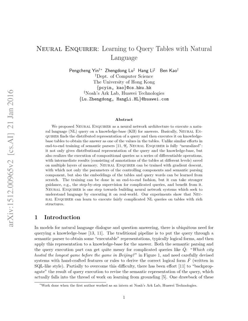 Neural Enquirer Learning To Query Tables With Natural Language Deepai