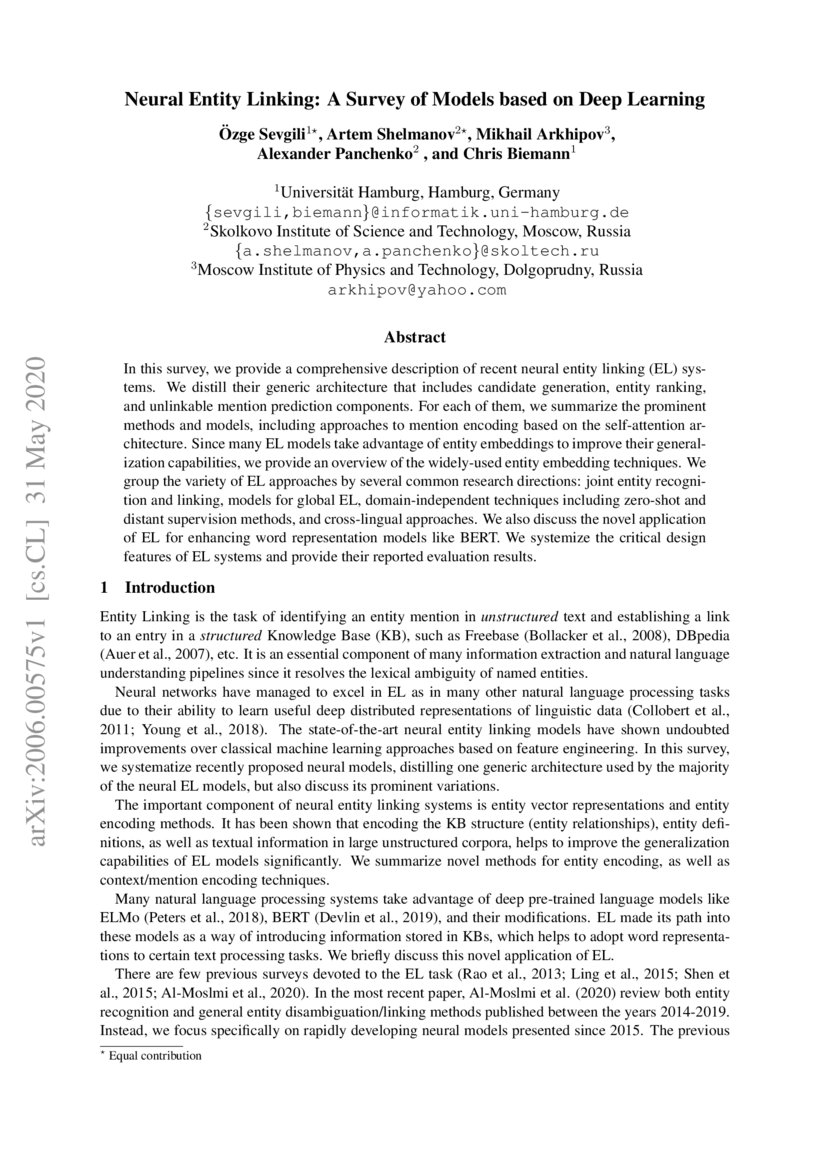 Neural Entity Linking A Survey Of Models Based On Deep Learning Deepai