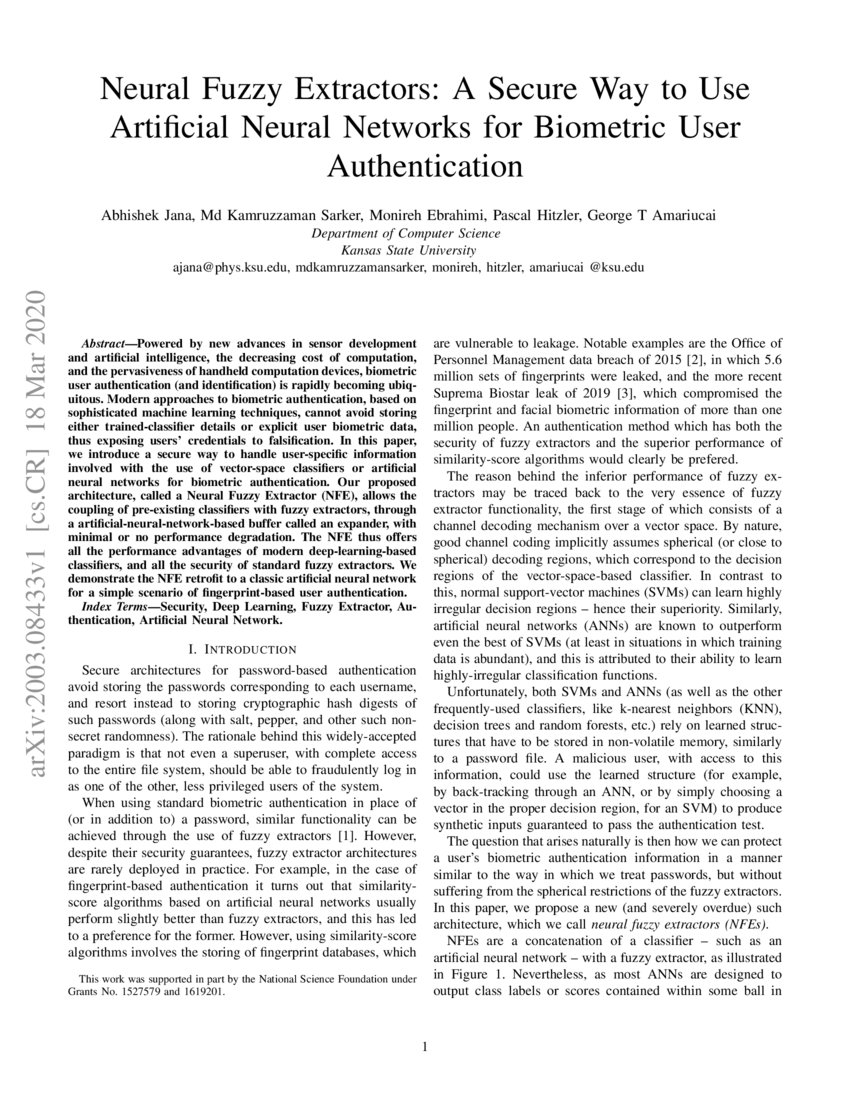 Neural Fuzzy Extractors A Secure Way To Use Artificial Neural Networks For Biometric User