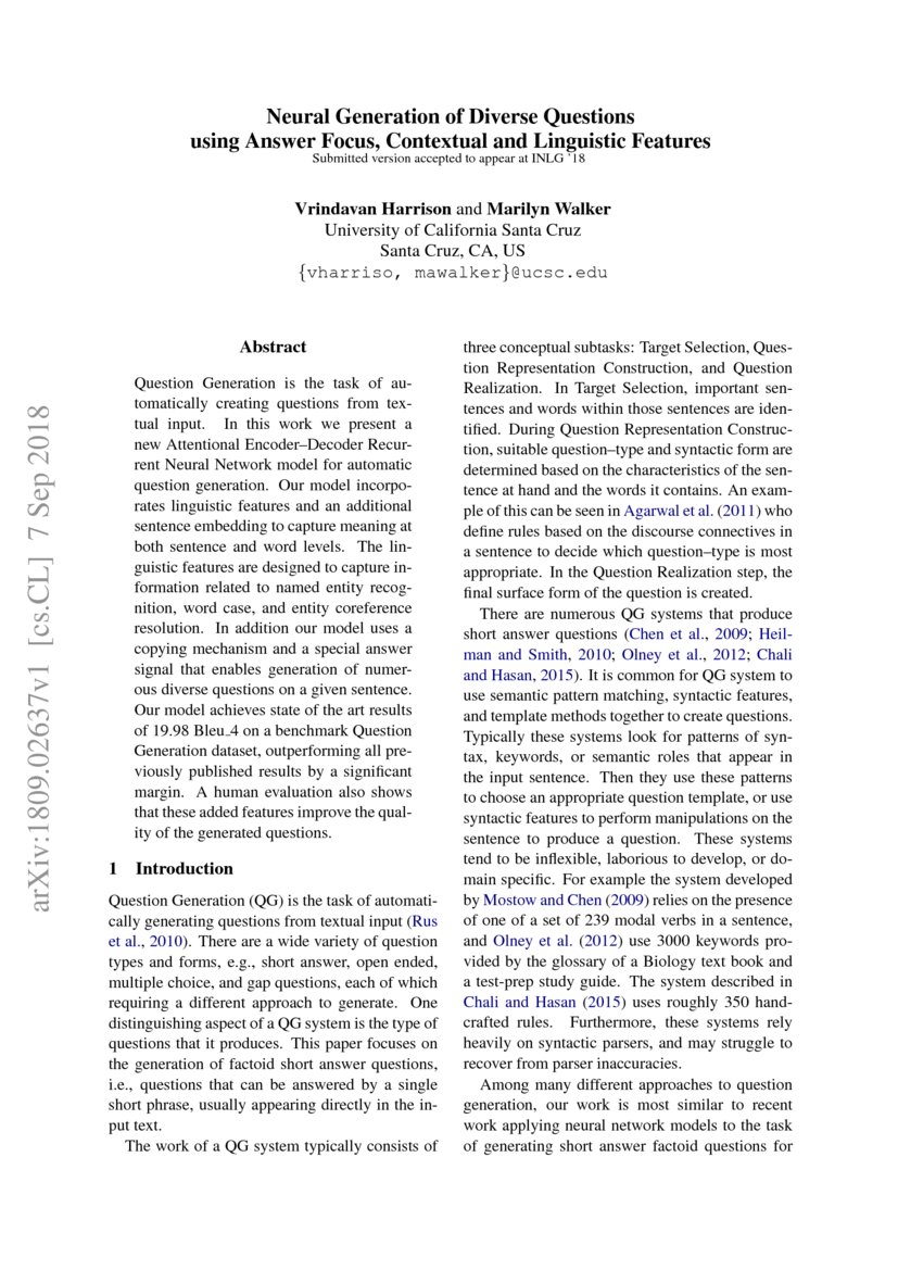 Neural Generation Of Diverse Questions Using Answer Focus Contextual