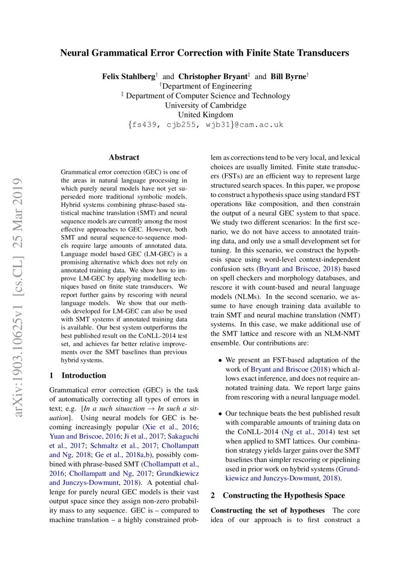 Neural Grammatical Error Correction With Finite State Transducers Deepai
