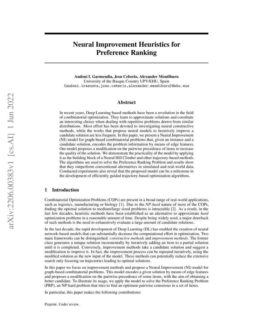 Neural Improvement Heuristics for Preference Ranking | DeepAI