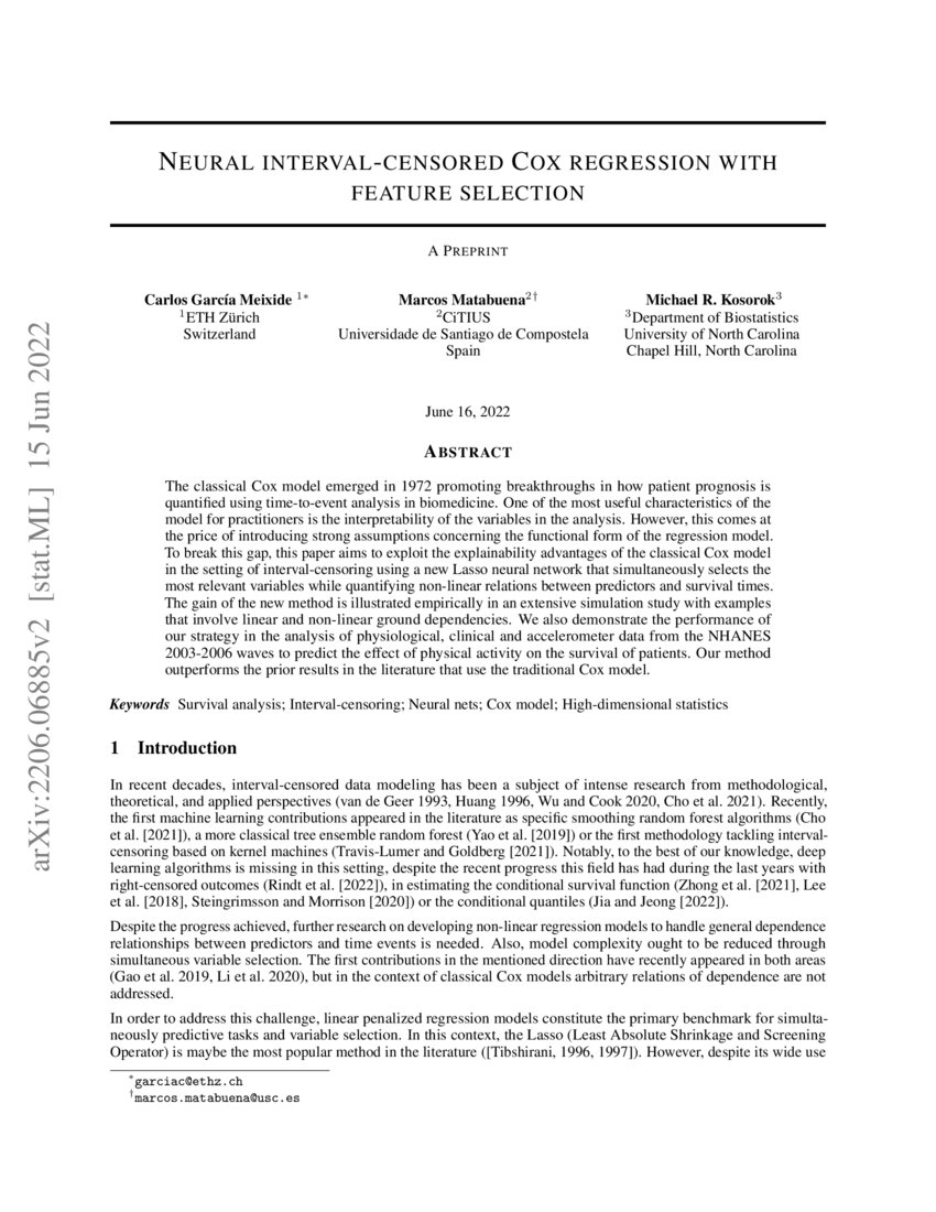 Neural interval-censored Cox regression with feature selection | DeepAI Neural interval-censored Cox regression with feature selection | DeepAI
