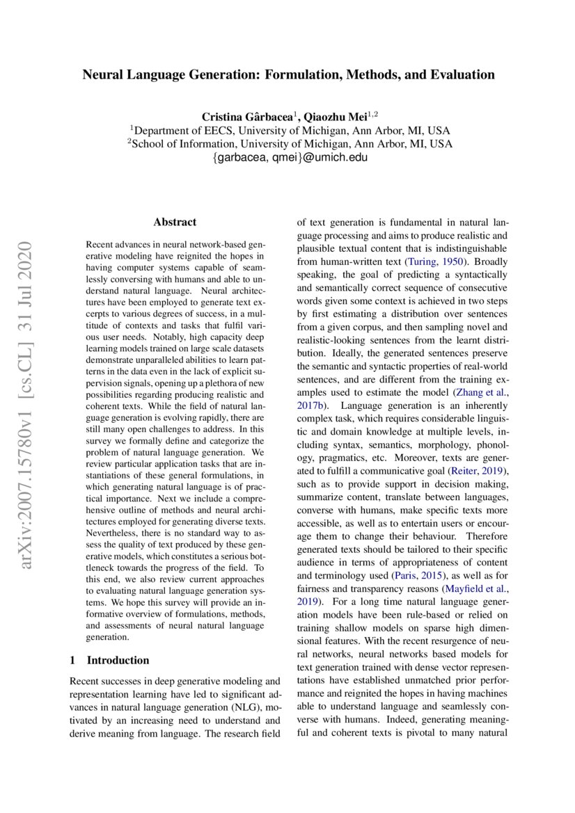 Neural Language Generation: Formulation, Methods, and Evaluation | DeepAI