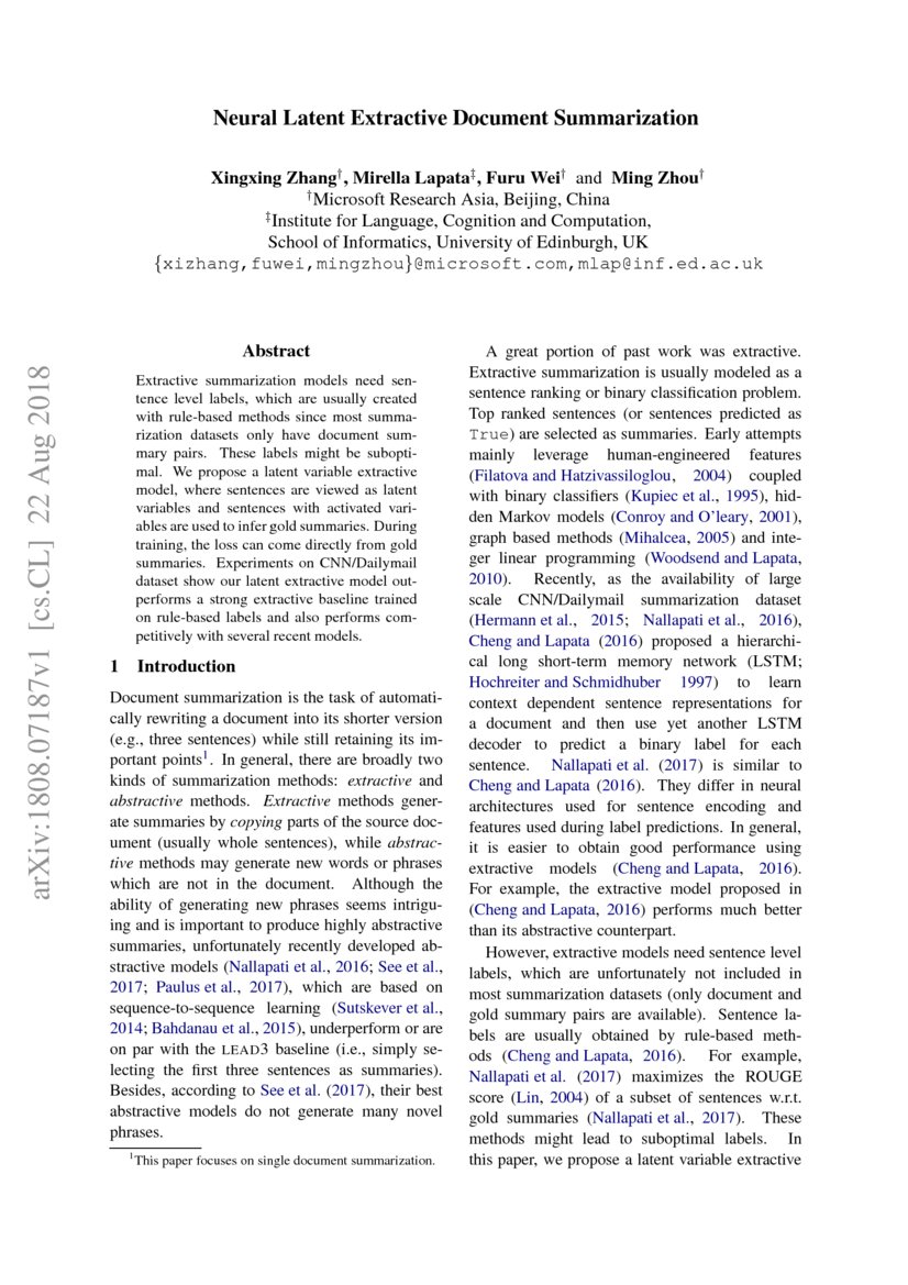 Neural Latent Extractive Document Summarization | DeepAI