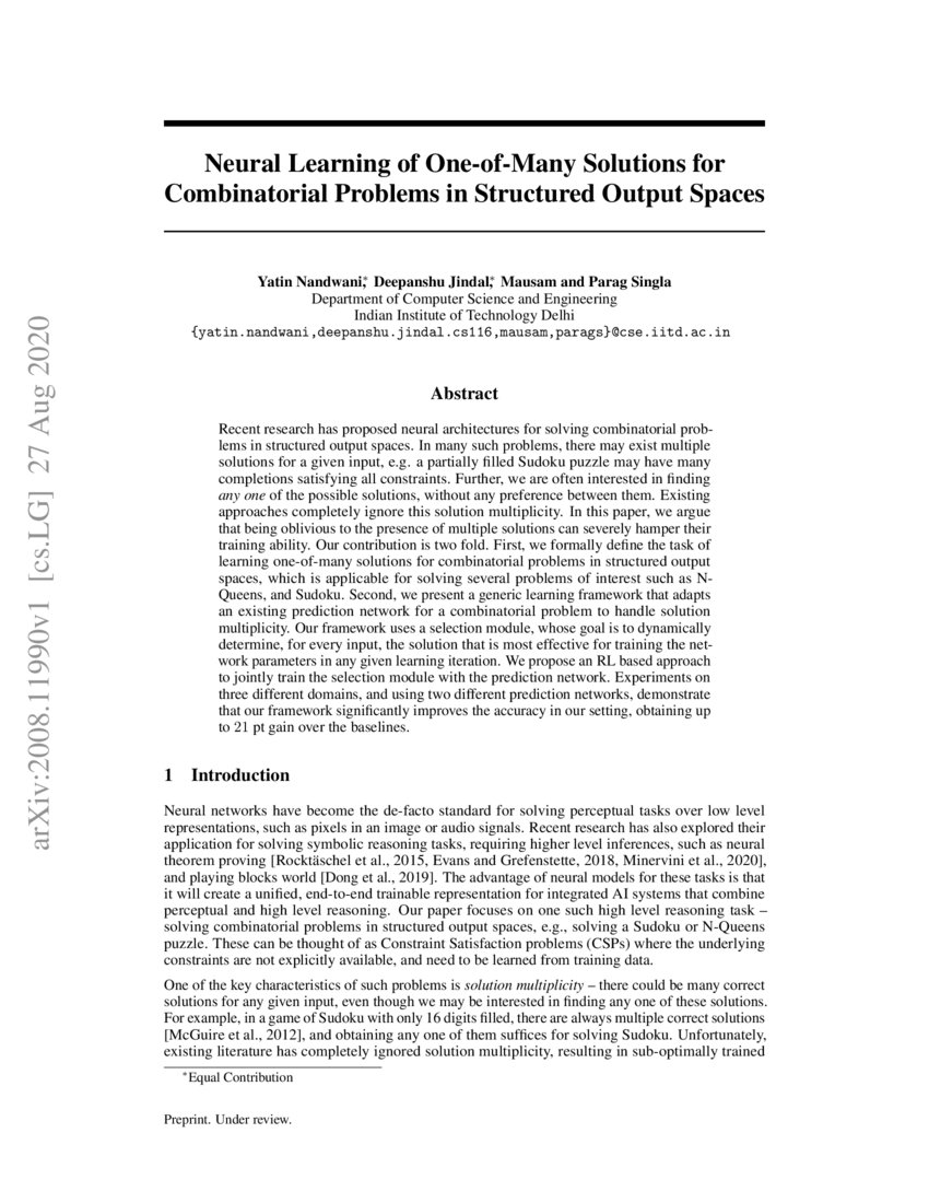 Neural Learning Of One Of Many Solutions For Combinatorial Problems In Structured Output Spaces
