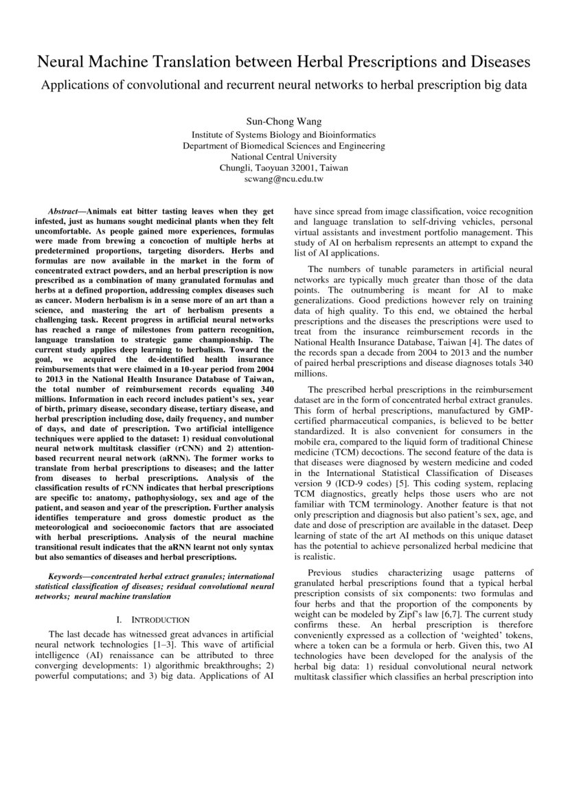 Neural Machine Translation between Herbal Prescriptions and Diseases ...