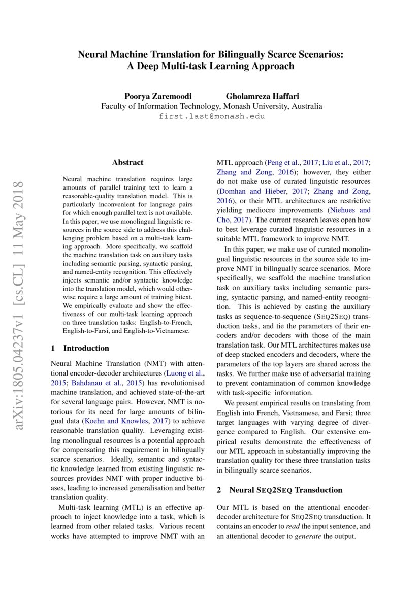 Neural Machine Translation For Bilingually Scarce Scenarios A Deep Multi Task Learning Approach