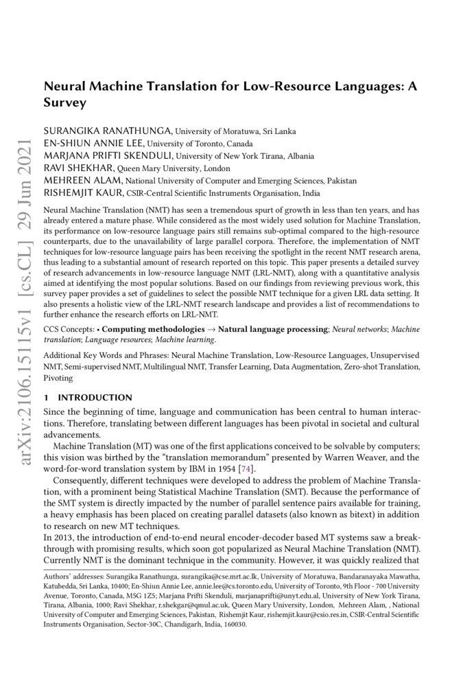 Neural Machine Translation for Low-Resource Languages: A Survey | DeepAI